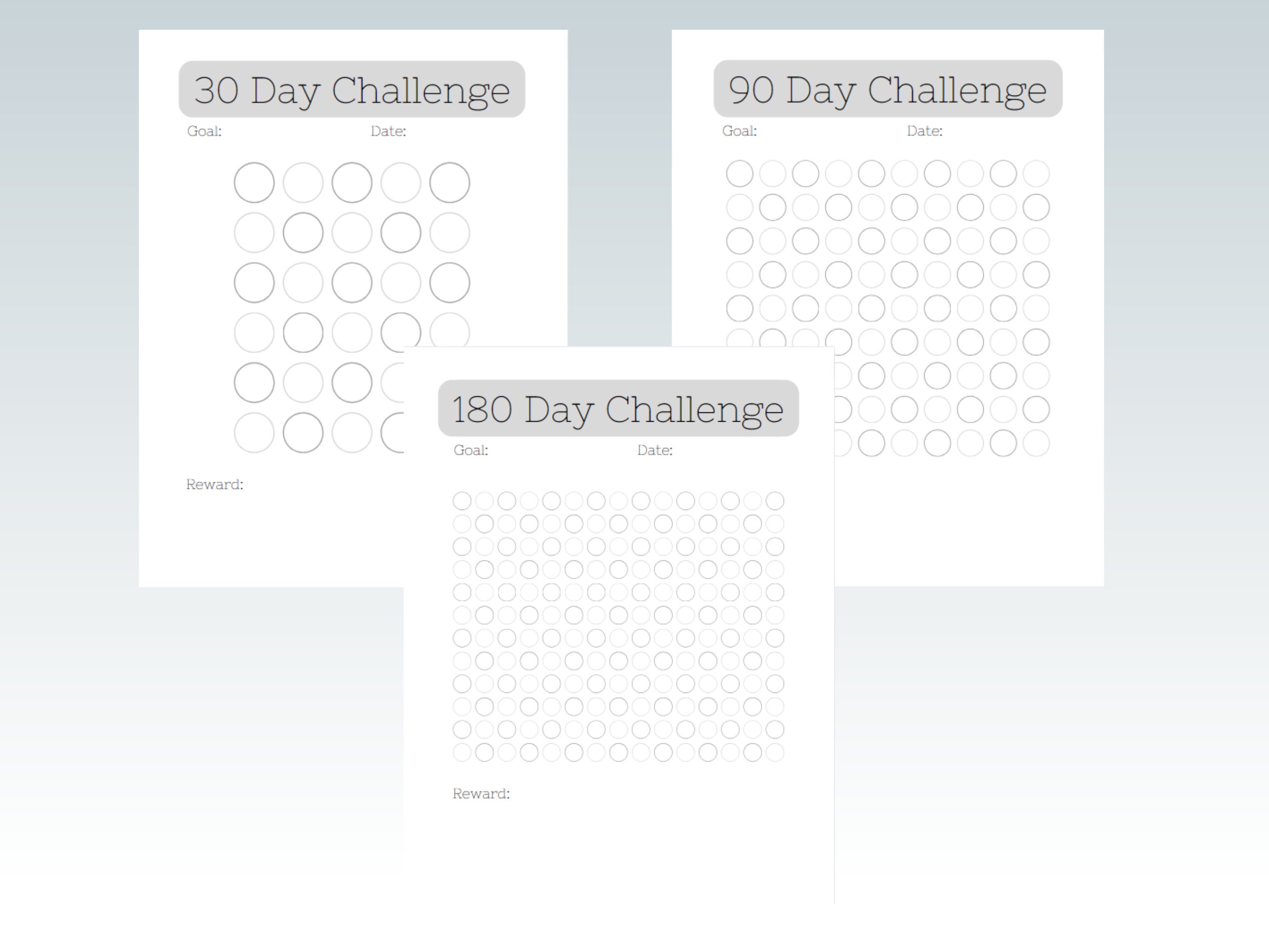Printable PDF Challenge Tracker Sheets - 30, 90, 180 Days - Goal ...