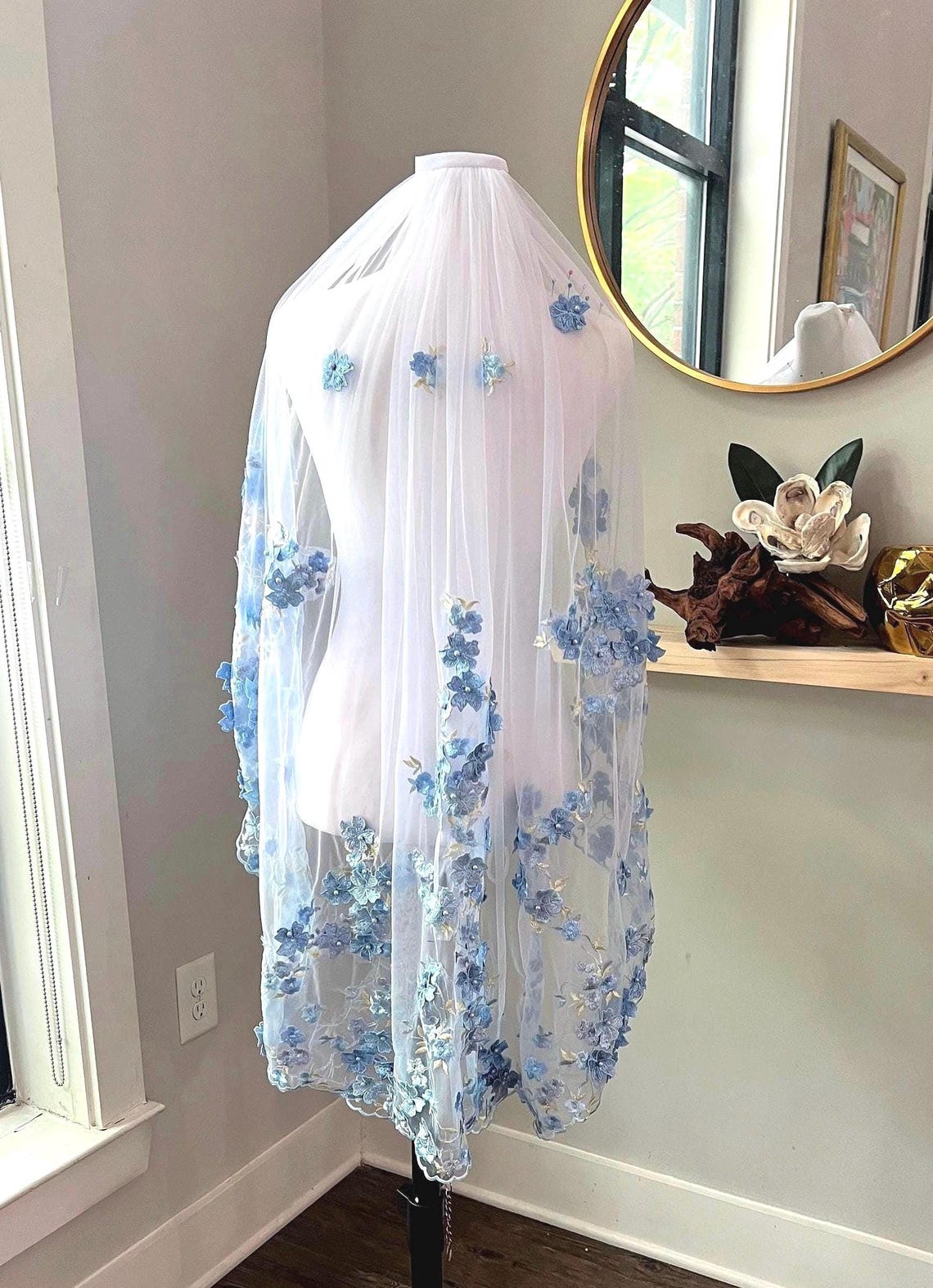 Unique Non-traditional Wedding Veil, Blue Wedding Veil With Flowers ...