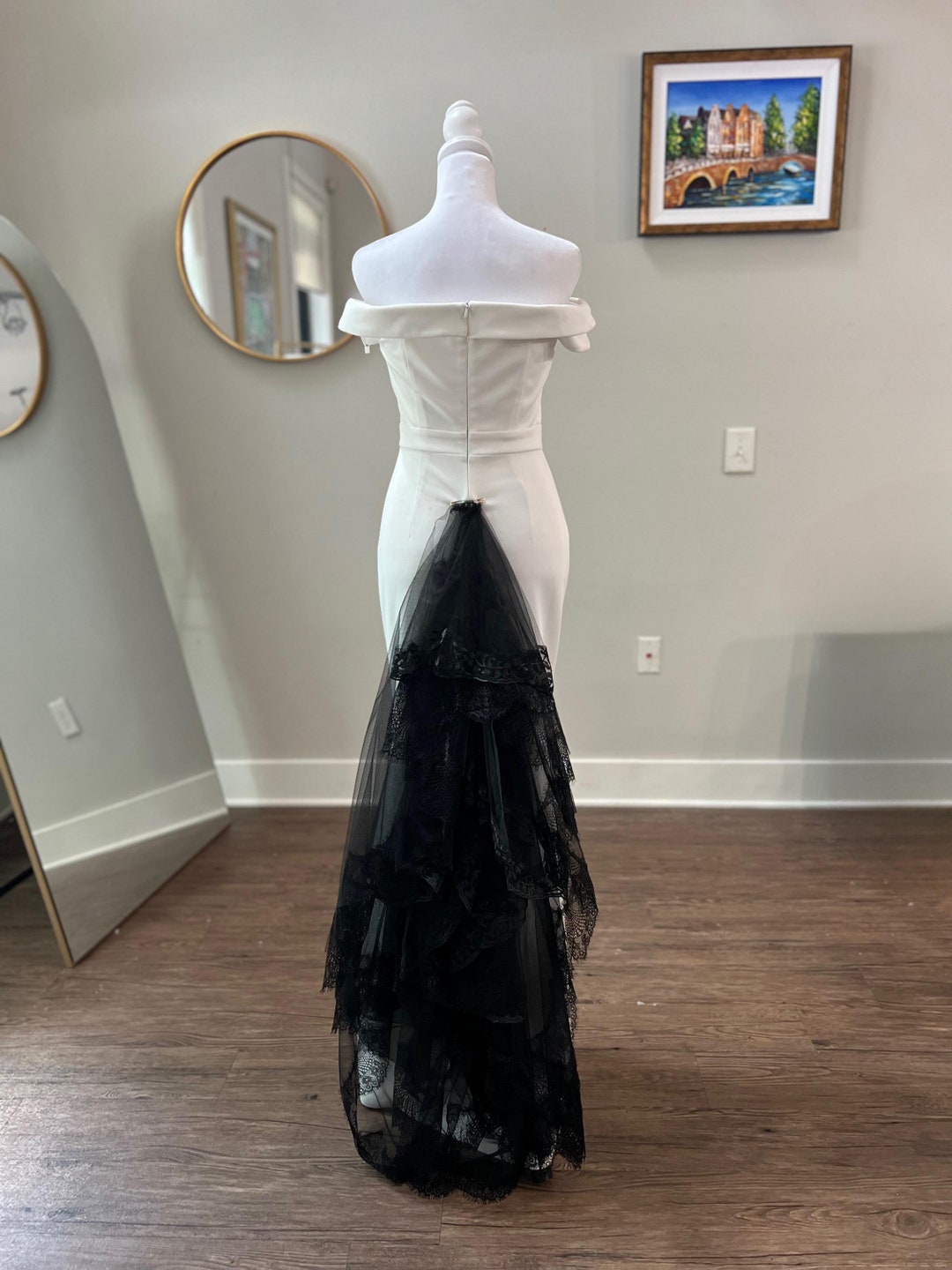 Black Wedding Bustle Tulle Skirt, Gothic Wedding Bustle Lace Train ...