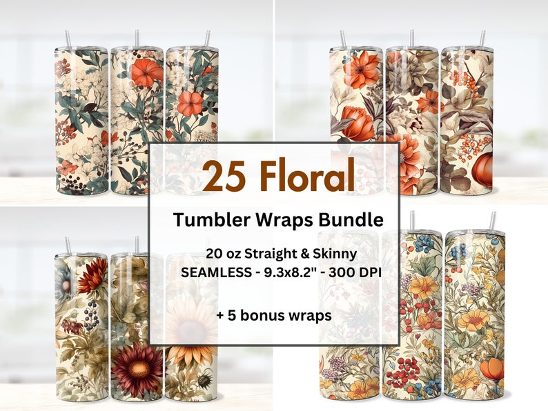 20 Oz Skinny Tumbler Wrap, Floral Tumbler Wrap, Straight Template ...
