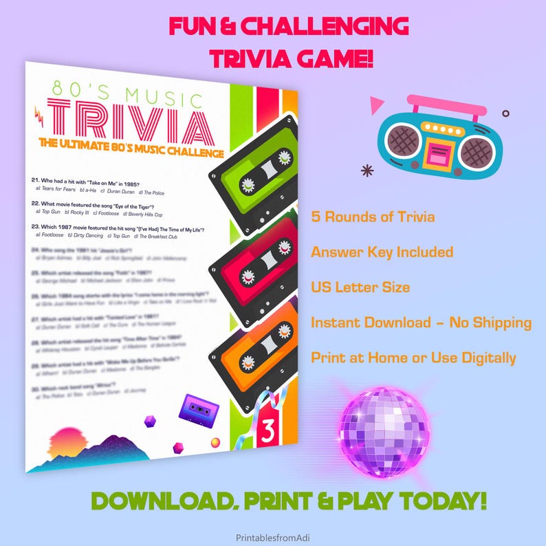 80s Music Trivia Game - Printable 80s Party Game - Fun Retro Music Quiz ...