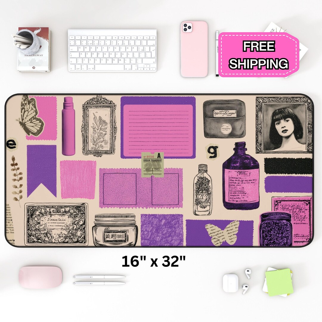 Ephemera Junk Journal Pink Desk Mat, Vintage Scrapbook Aesthetic Mouse ...