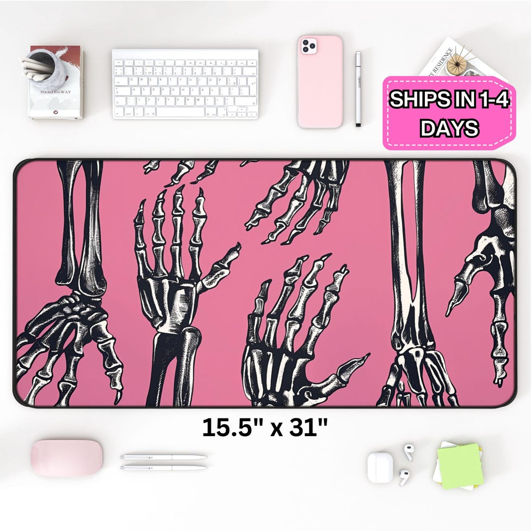 Personalized Pink Skeleton Desk Mat, Custom XL Mouse Pad, Pastel Goth ...
