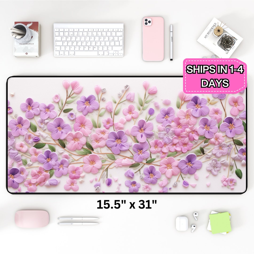 February Birth Flower Desk Mat: Faux Embroidered Violets, Personalized ...