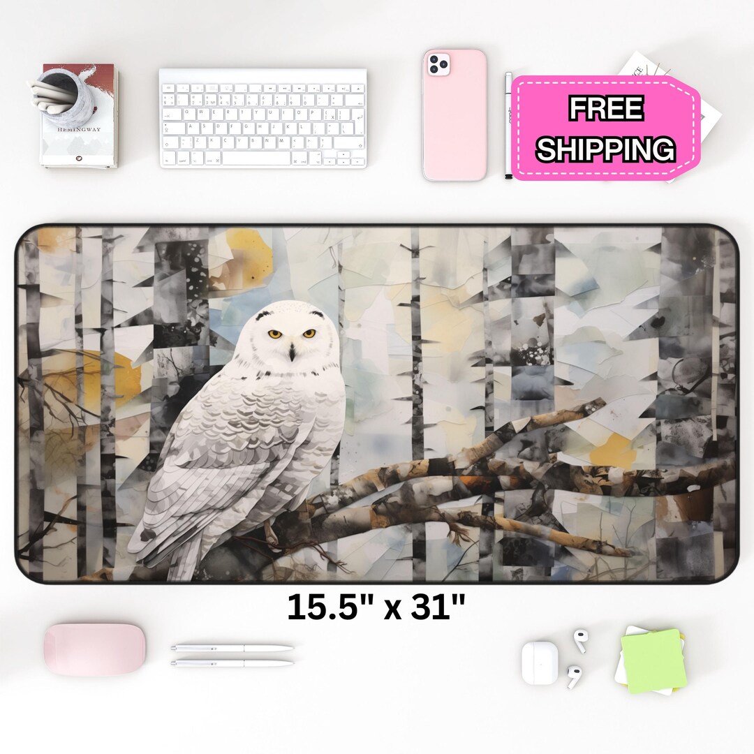 Snowy Owl Desk Mat: Personalized Birch Tree Keyboard Pad - Etsy