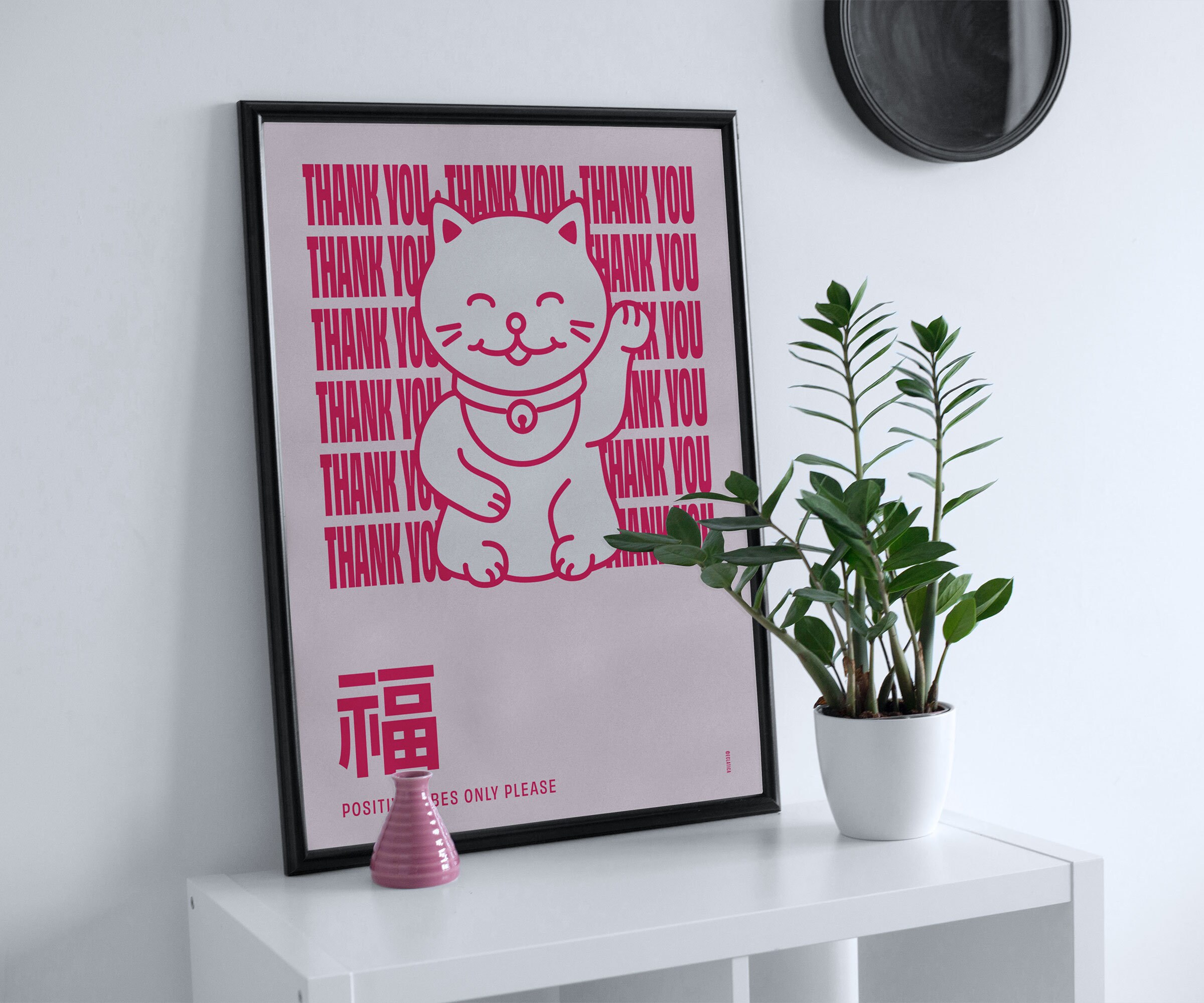 Maneki Neko Lucky Cat With Positive Vibes Poster, Cute Japanese Cat ...