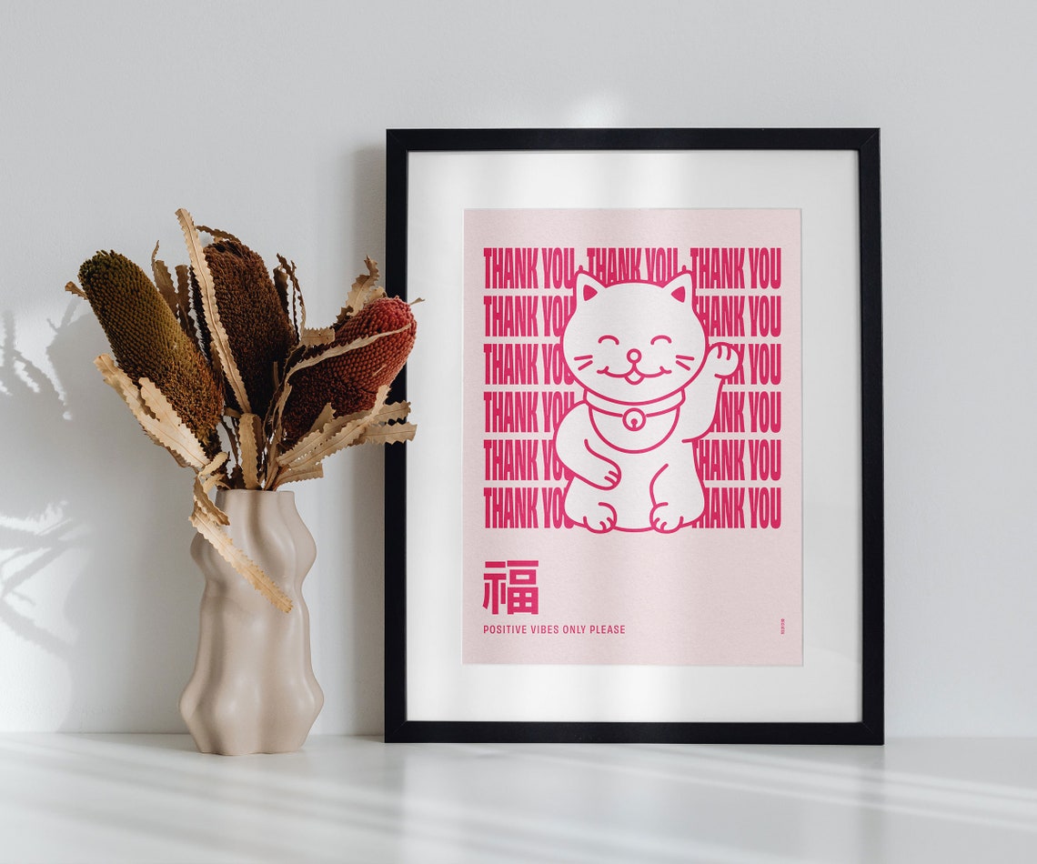 Maneki Neko Lucky Cat With Positive Vibes Poster, Cute Japanese Cat ...