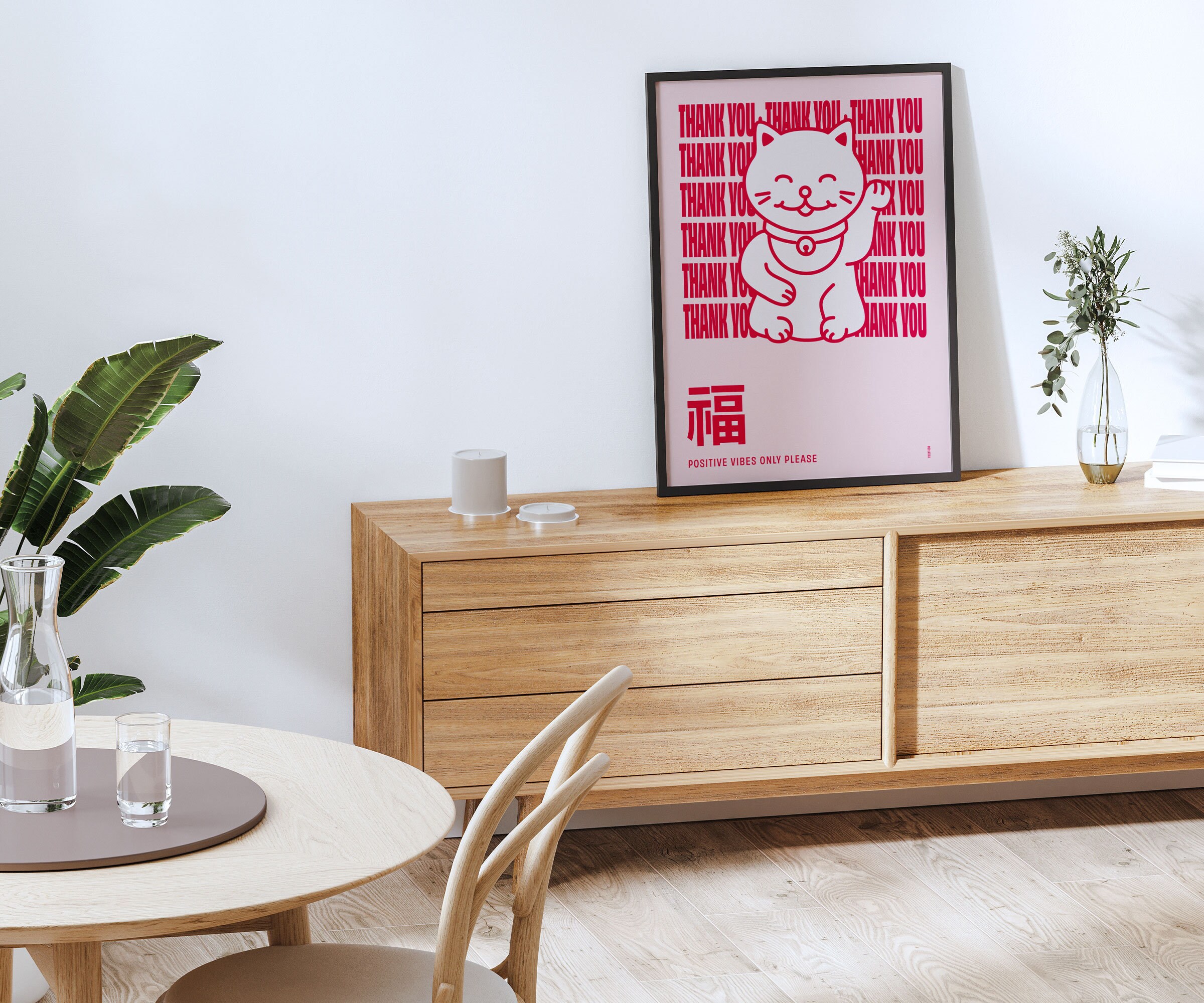 Maneki Neko Lucky Cat With Positive Vibes Poster, Cute Japanese Cat ...