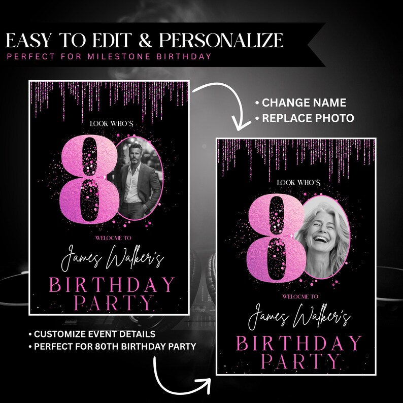 80th Birthday Welcome Sign Template Editable Canva Pink Black Party ...