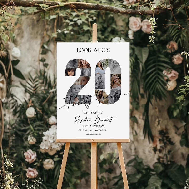 20th Birthday Photo Collage Welcome Sign, Black and White Editable ...