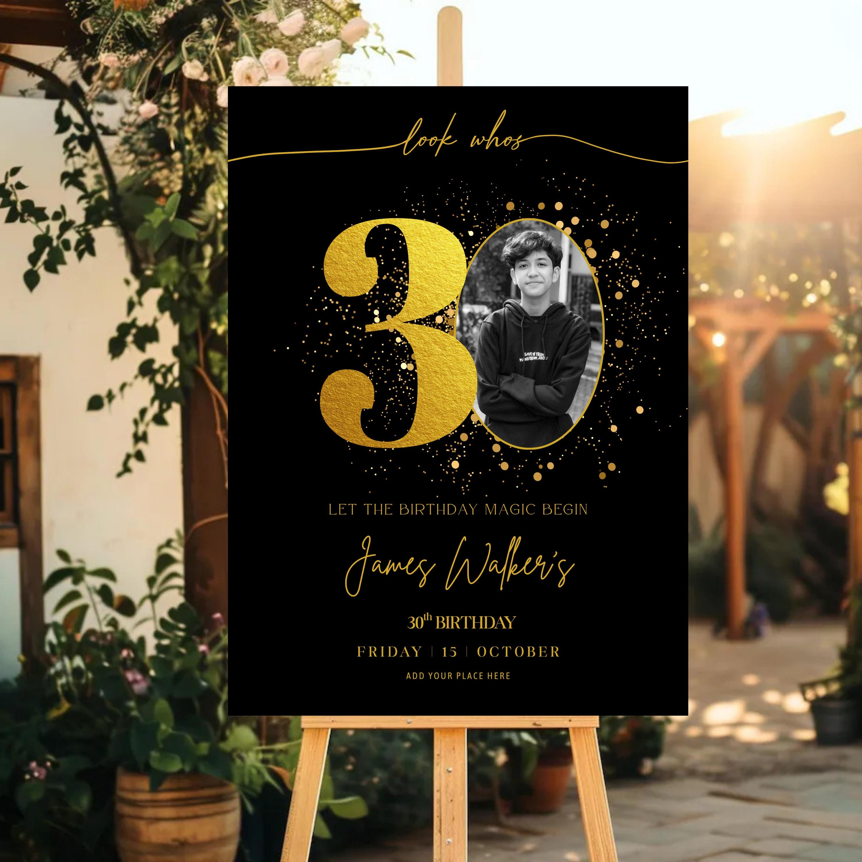 30th Birthday Welcome Sign, Black and Gold Editable Canva Template ...