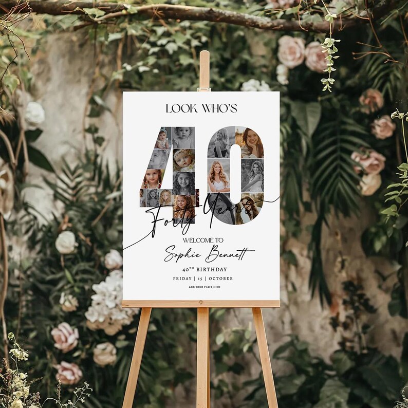 40th Birthday Welcome Sign With Photo Collage Editable Canva Template ...