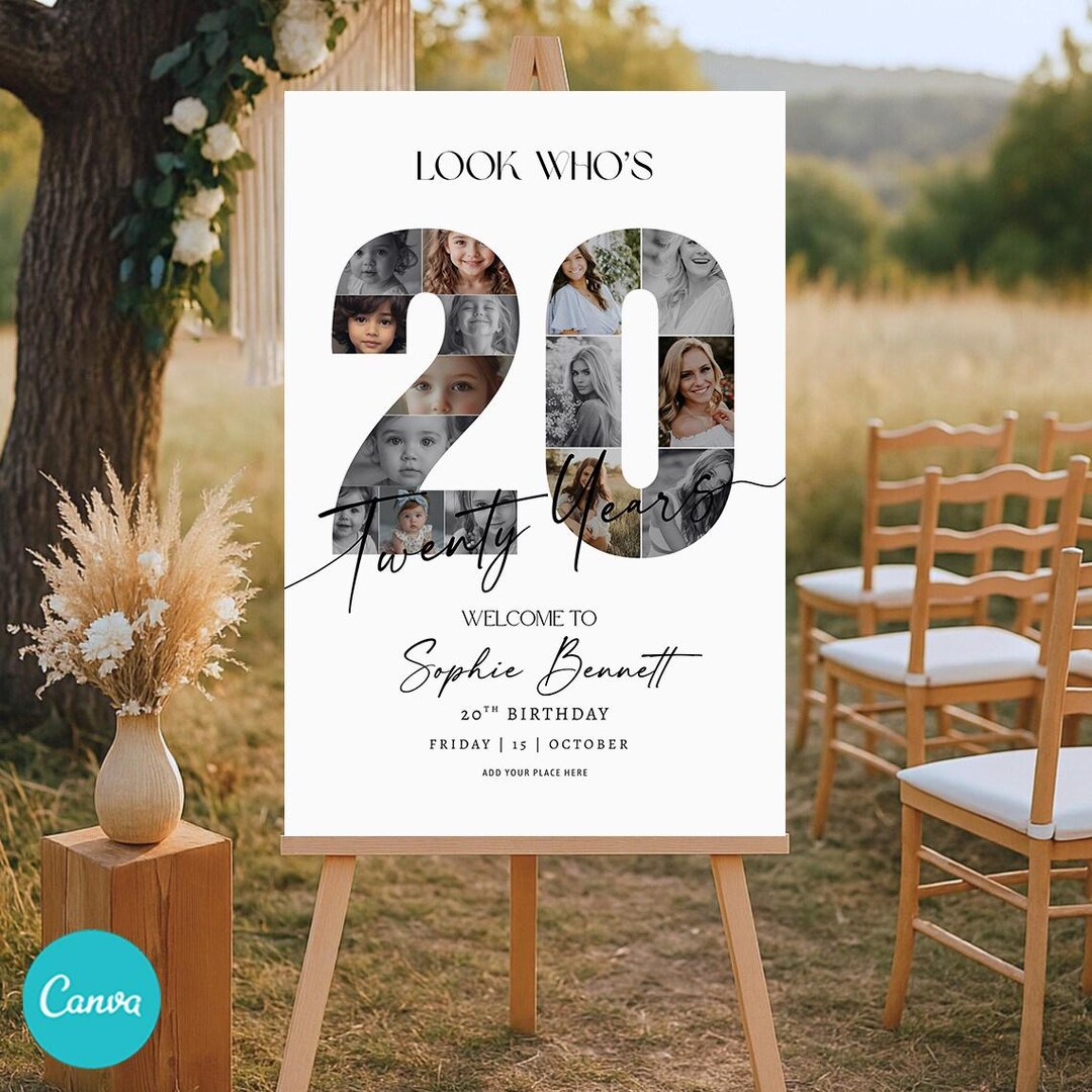 20th Birthday Photo Collage Welcome Sign, Black and White Editable ...