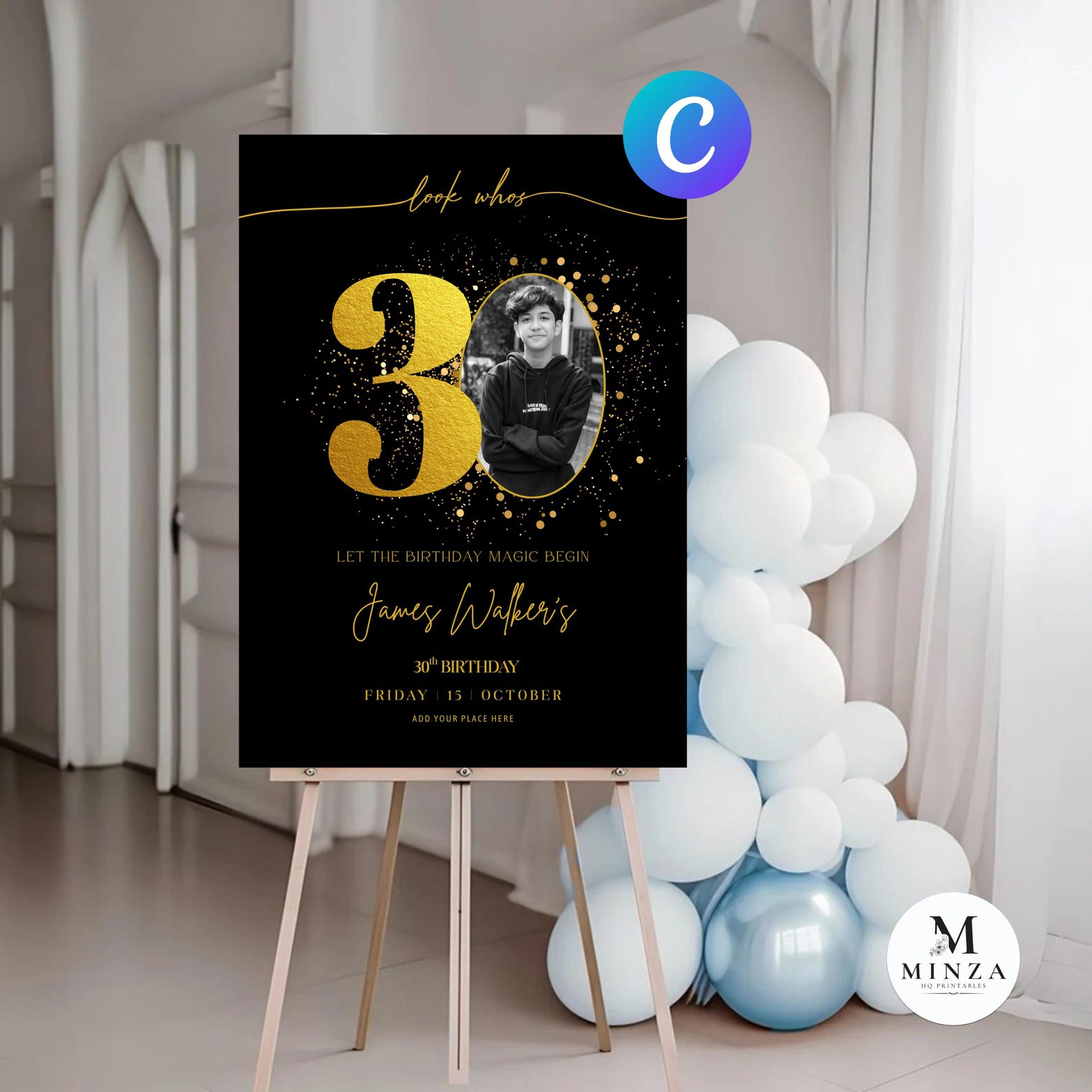 30th Birthday Welcome Sign, Black and Gold Editable Canva Template ...