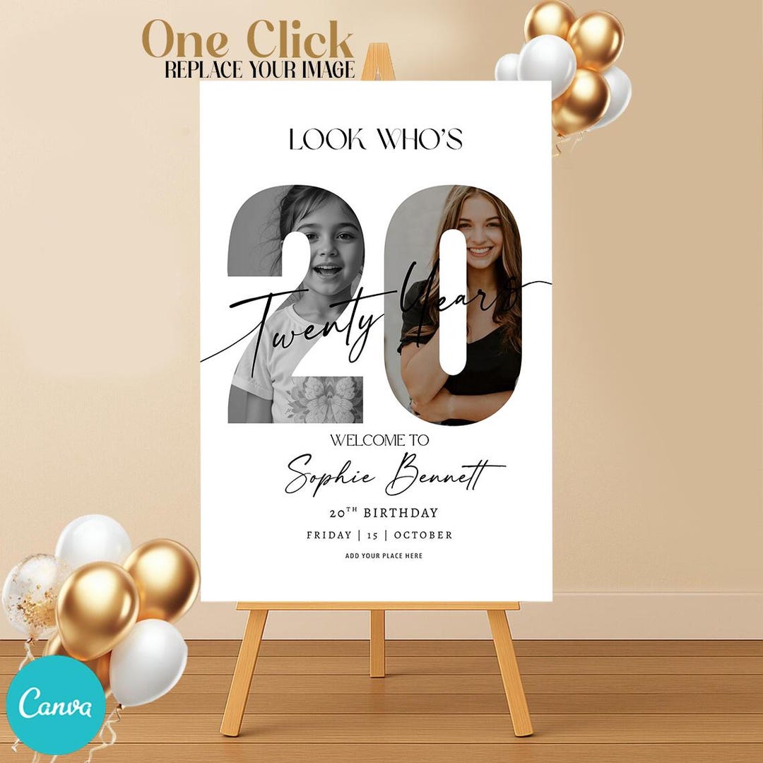 20th Birthday Welcome Sign With Photo, Editable Canva Template, Elegant ...