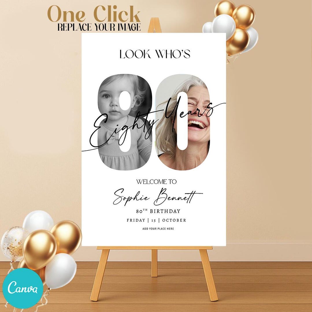 80th Birthday Welcome Sign With Photo, Editable Canva Template, Elegant ...