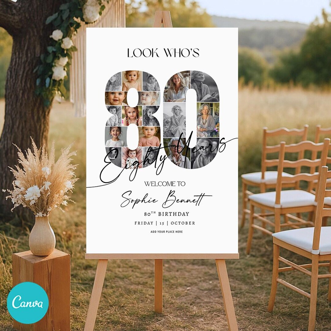 80th Birthday Welcome Sign With Photo Collage Editable Canva Template ...