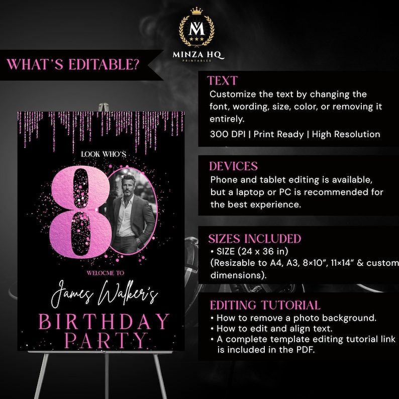 80th Birthday Welcome Sign Template Editable Canva Pink Black Party ...