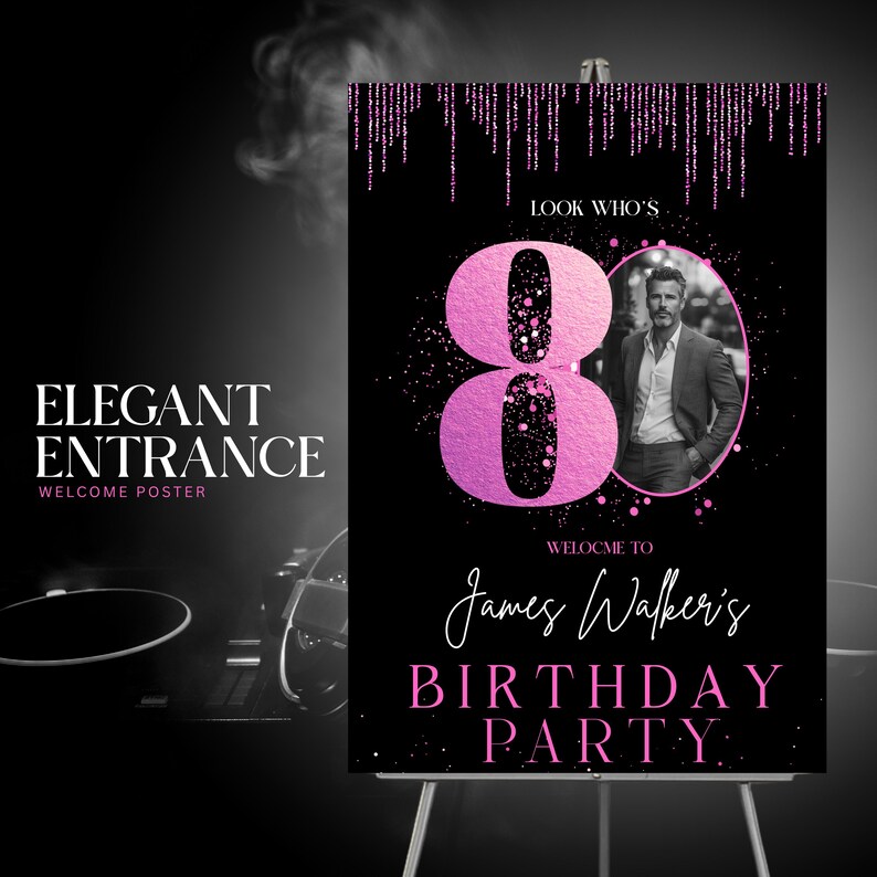 80th Birthday Welcome Sign Template Editable Canva Pink Black Party ...