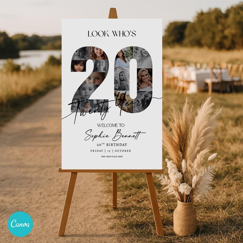 20th Birthday Photo Collage Welcome Sign, Black and White Editable ...