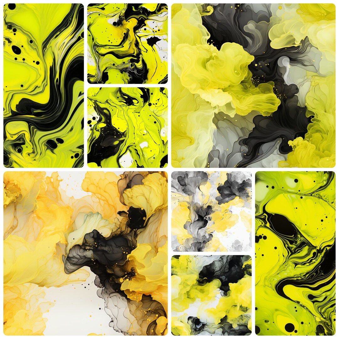 Yellow and Black Marbling Seamless Edgeless Patterns - Set of 12 - 12 ...