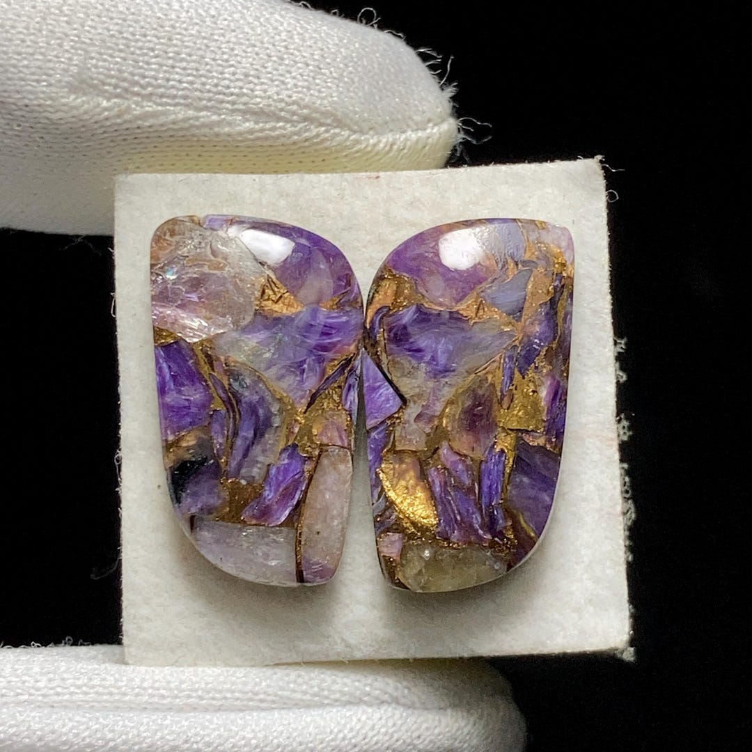 Swirling Pattern and Vibrant Purple Hues Copper Charoite Pairs Cabochon ...