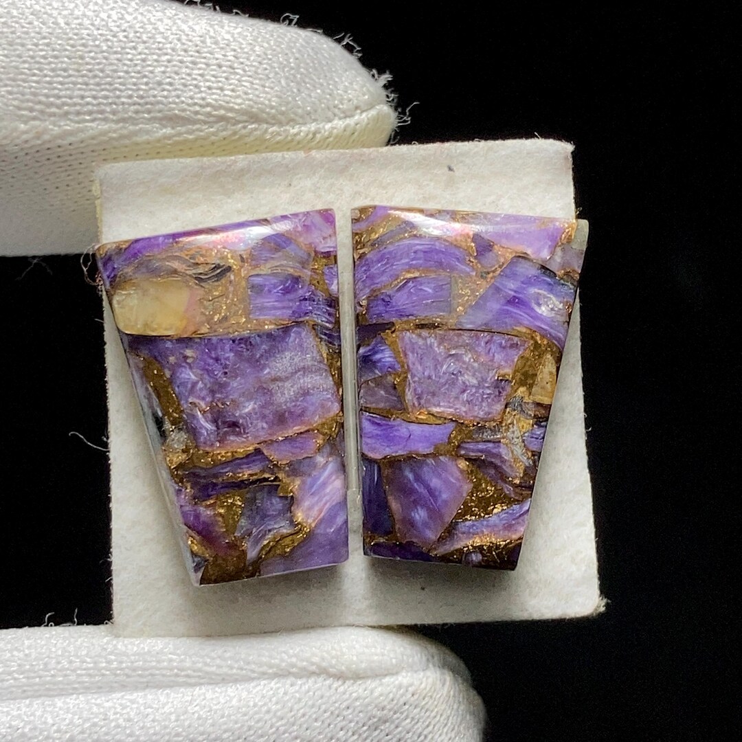 Swirling Pattern and Vibrant Purple Hues Copper Charoite Pairs Cabochon ...