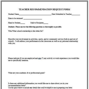 Teacher/student Letter of Recommendation Request Form - Etsy