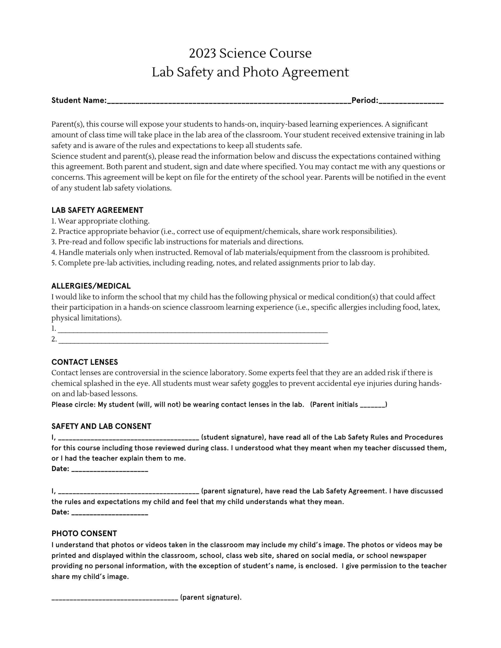 Science Classroom Lab Safety Agreement - Etsy