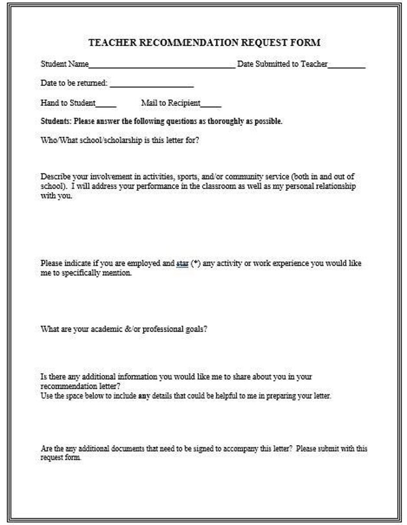 Teacher/student Letter of Recommendation Request Form - Etsy