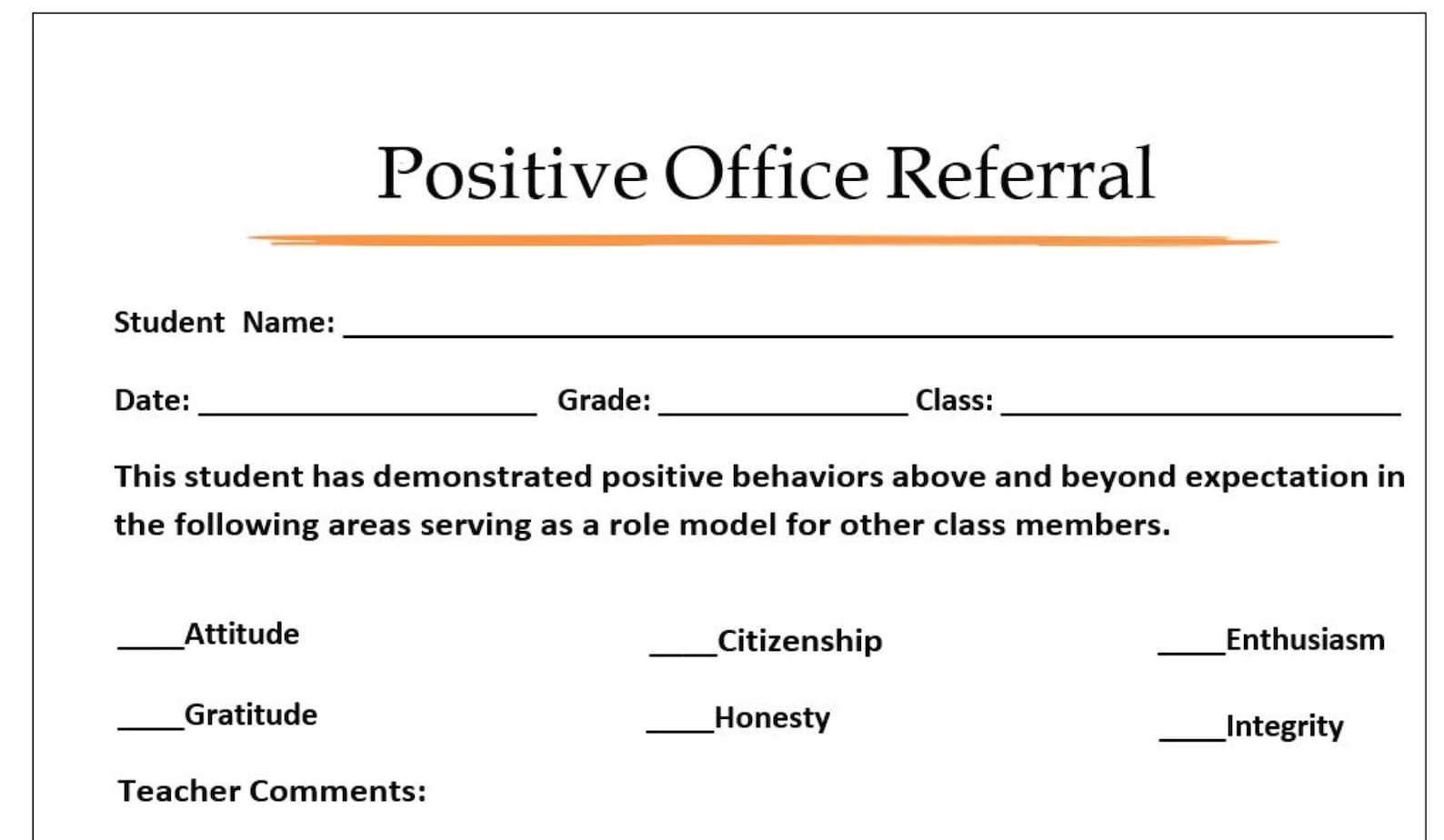 Positive Office Referral for Teacher word Format - Etsy