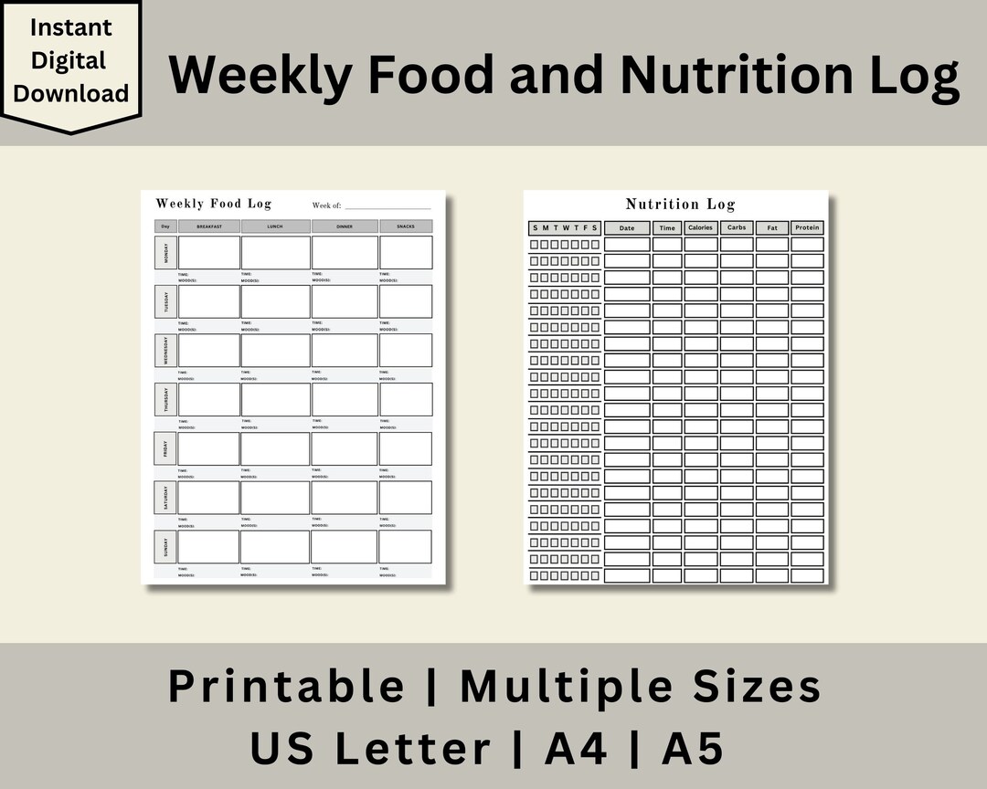 Printable Weekly Food and Nutrition Log, Weekly Food Log, Nutrition Log ...