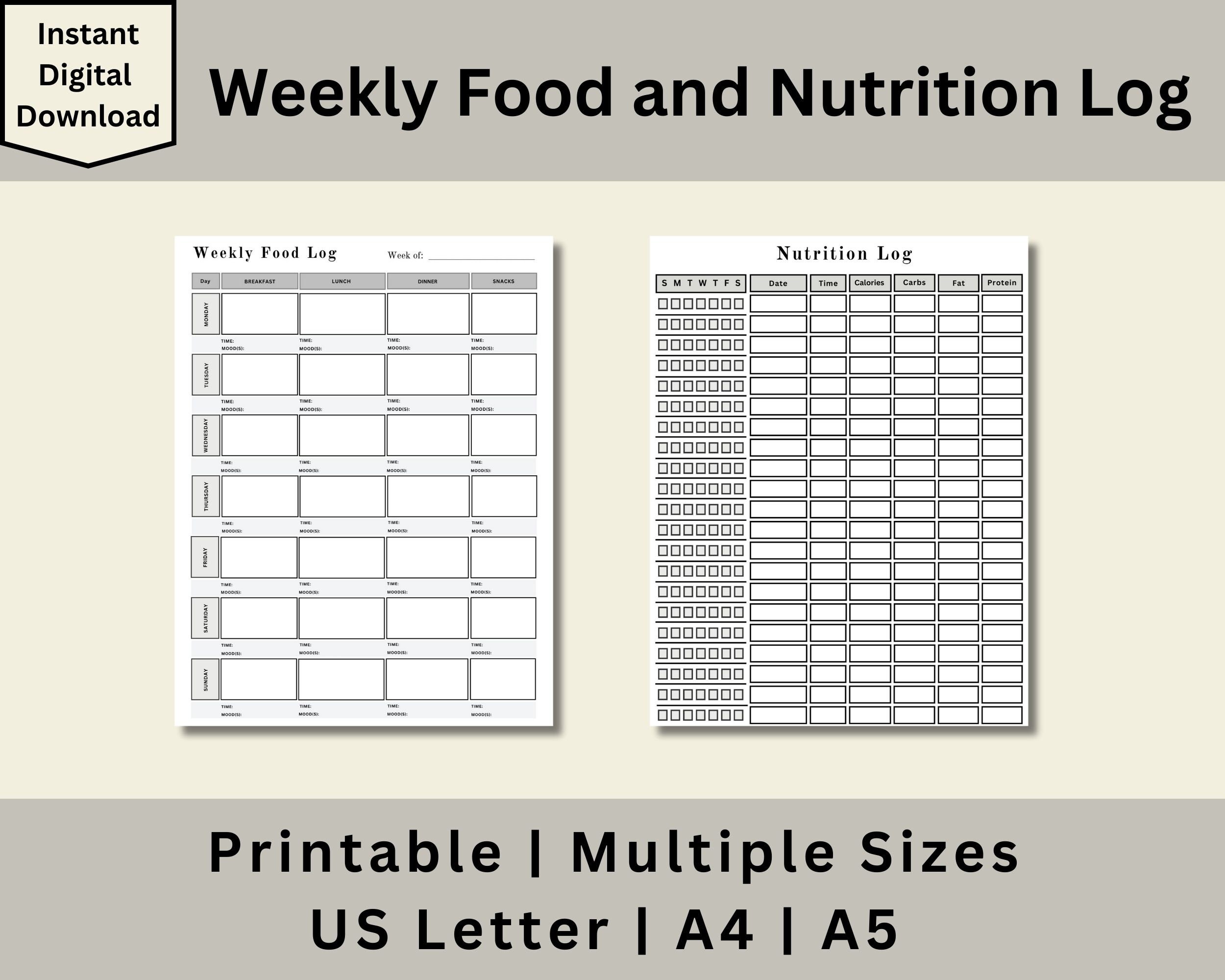 Printable Weekly Food and Nutrition Log, Weekly Food Log, Nutrition Log ...