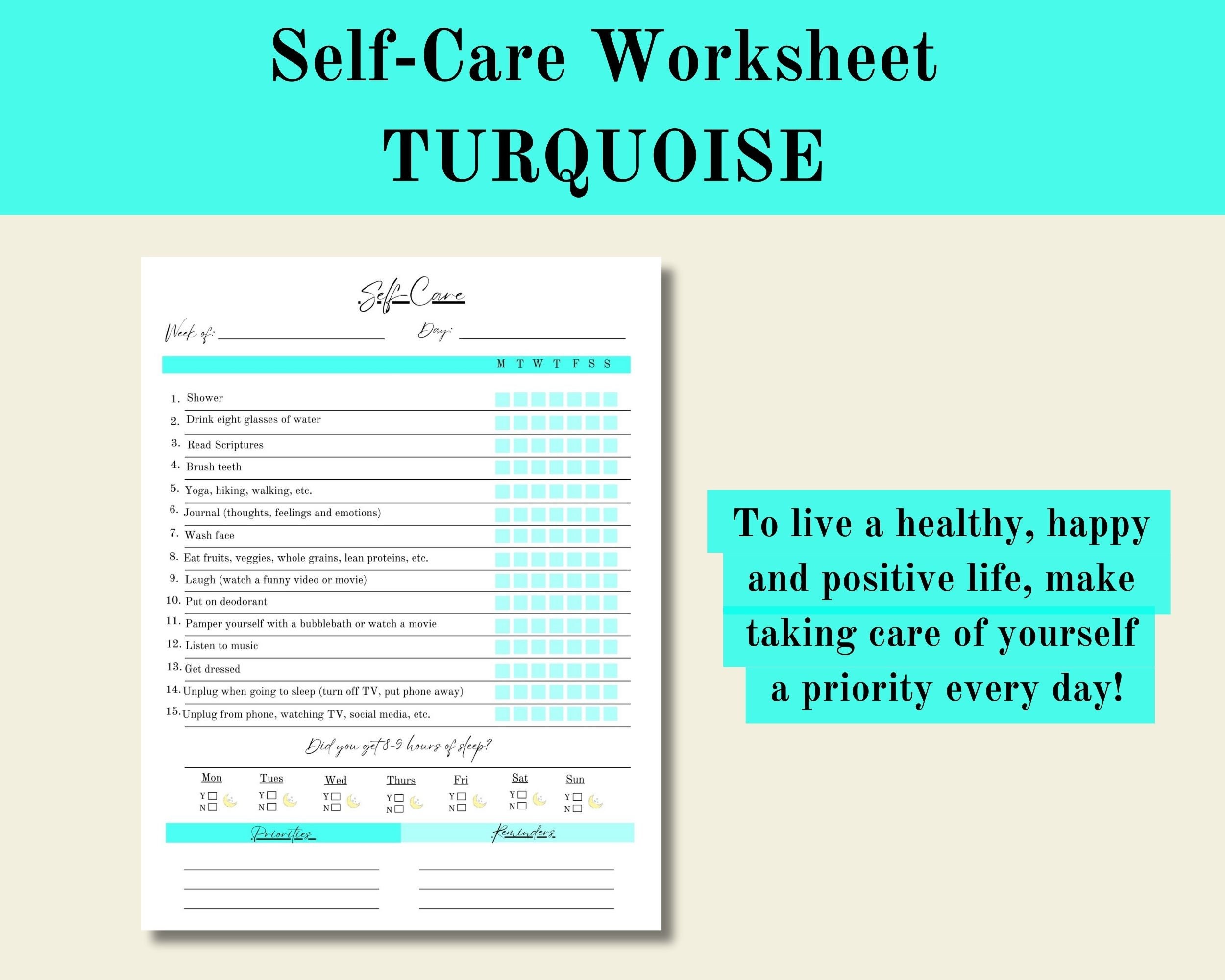 Turquoise Self Care Weekly Worksheet Printable, Daily Self Care Journal ...