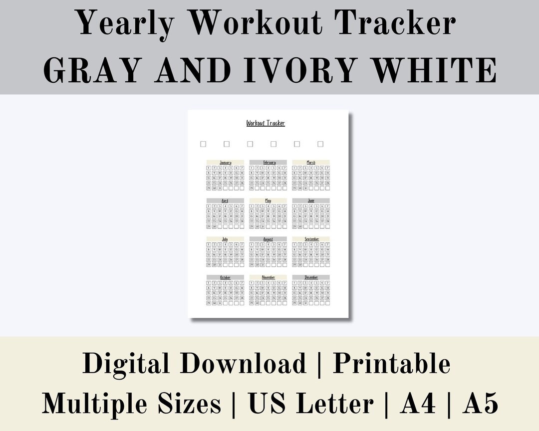 Yearly Workout Gray and Ivory White Tracker Printable, Workout ...