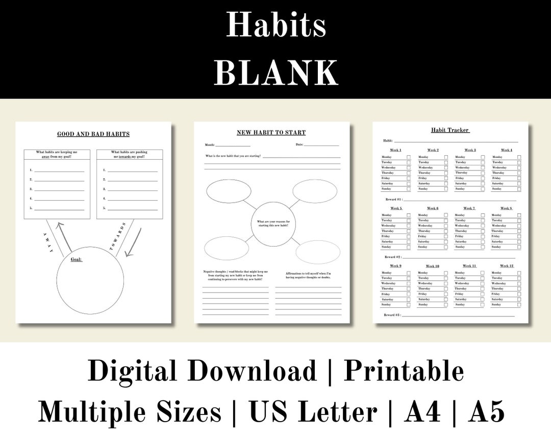Blank Monthly Habit Tracker Printable, Weekly Tracker Digital, Habit ...