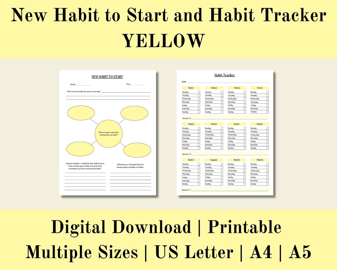 Yellow Monthly Habit Tracker Printable, Weekly Tracker Digital, Habit ...