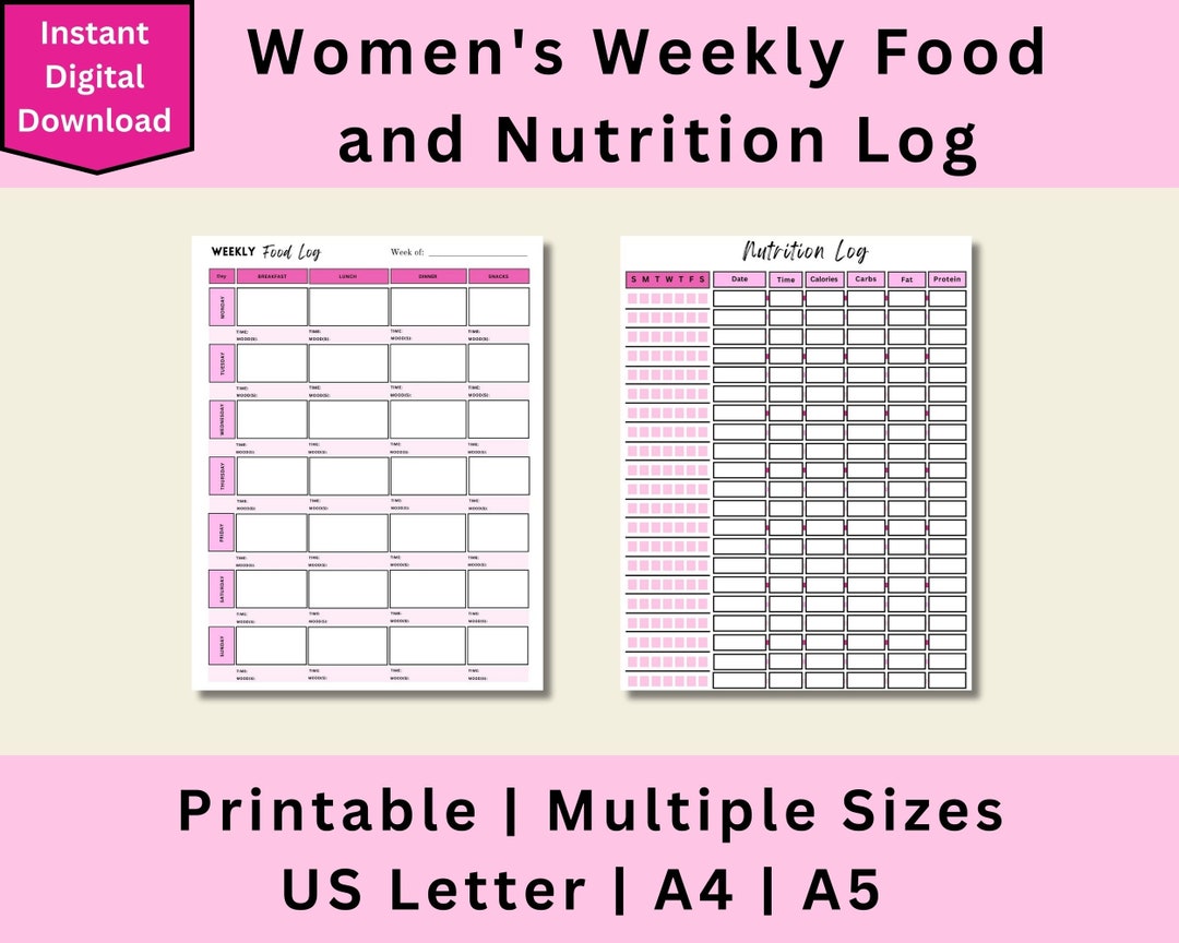 Printable Weekly Food and Nutrition Log, Weekly Food Log, Nutrition Log ...