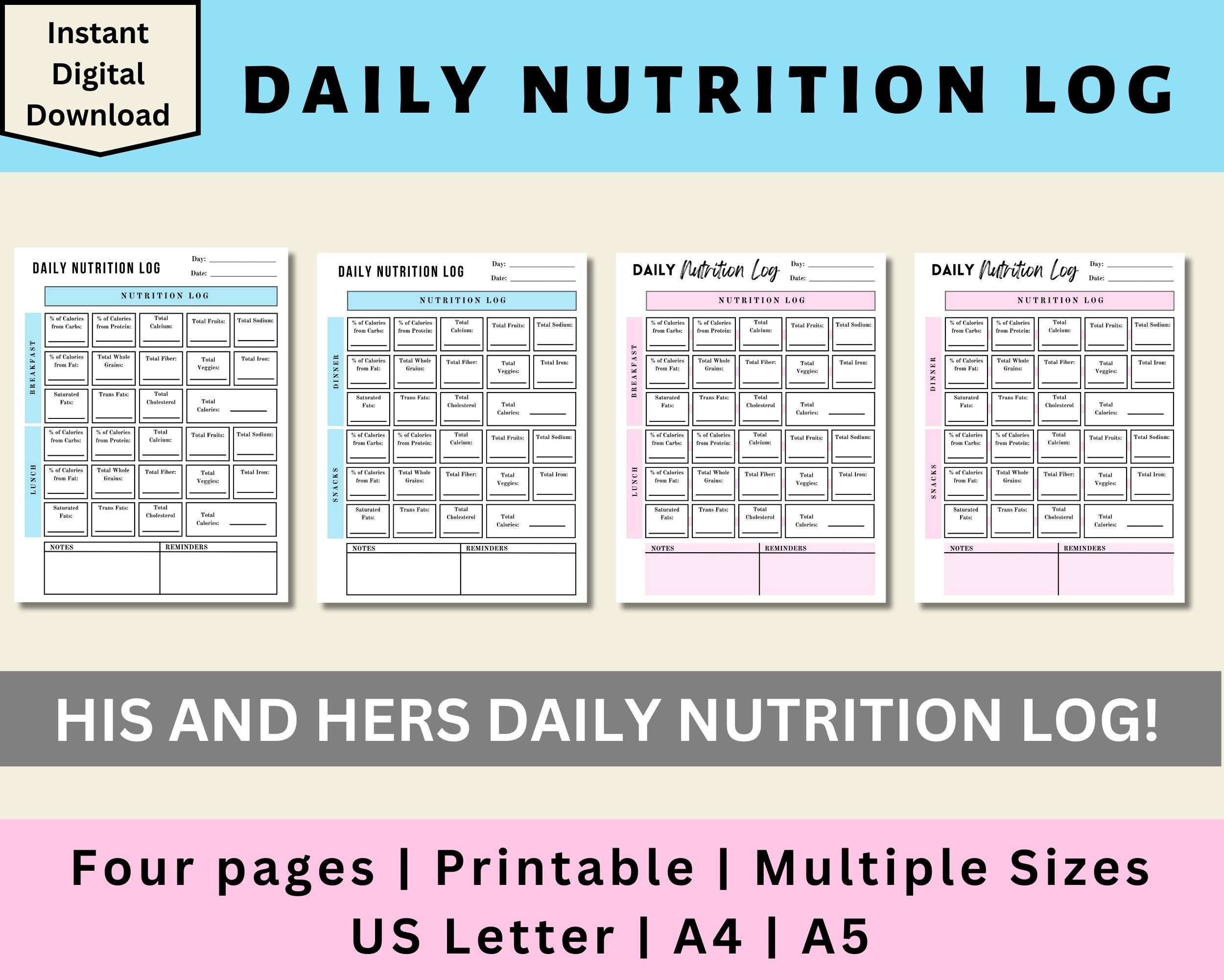 Nutrition Log, Daily Nutrition Log, Meal Tracker, Food Tracker ...