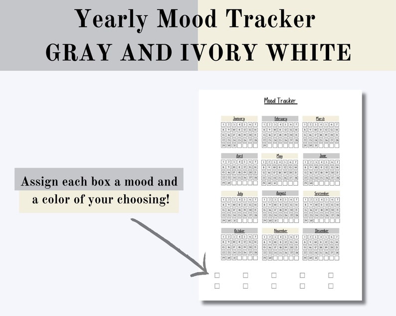 Yearly Mood Tracker Gray Ivory White Printable, Mood Worksheet Journal ...