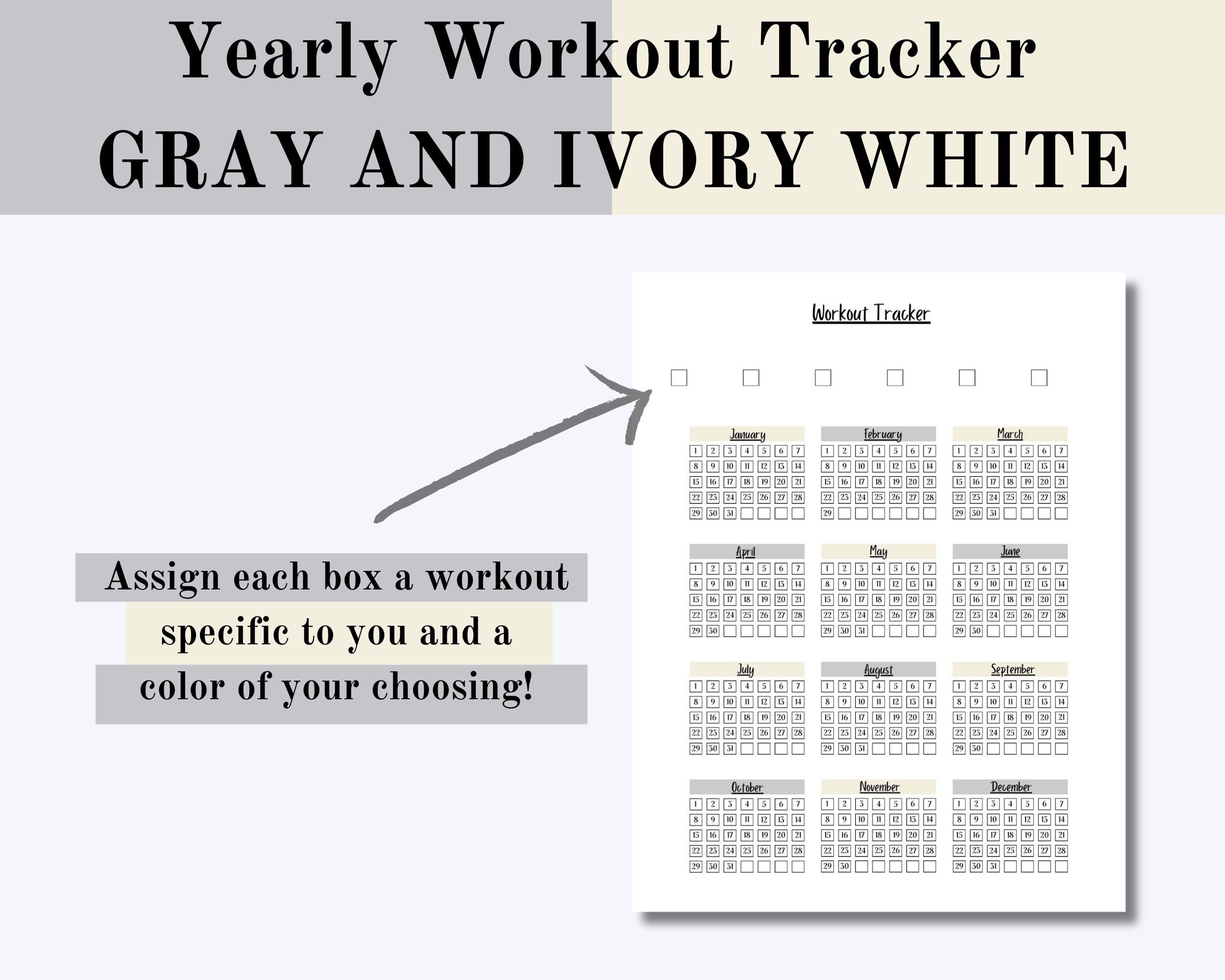 Yearly Workout Gray and Ivory White Tracker Printable, Workout ...