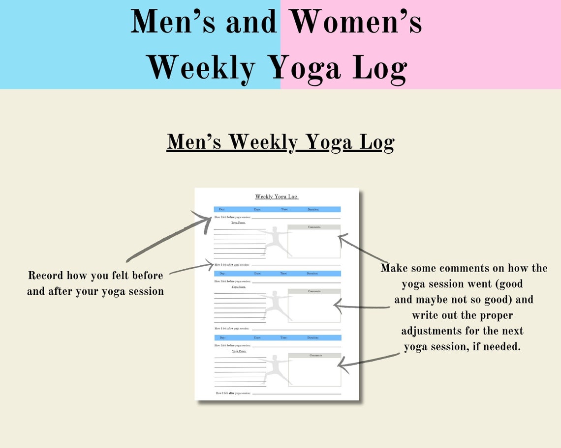Printable Yoga Log, Yoga Tracker, Yoga Log, Weekly Yoga Log, Mens and ...
