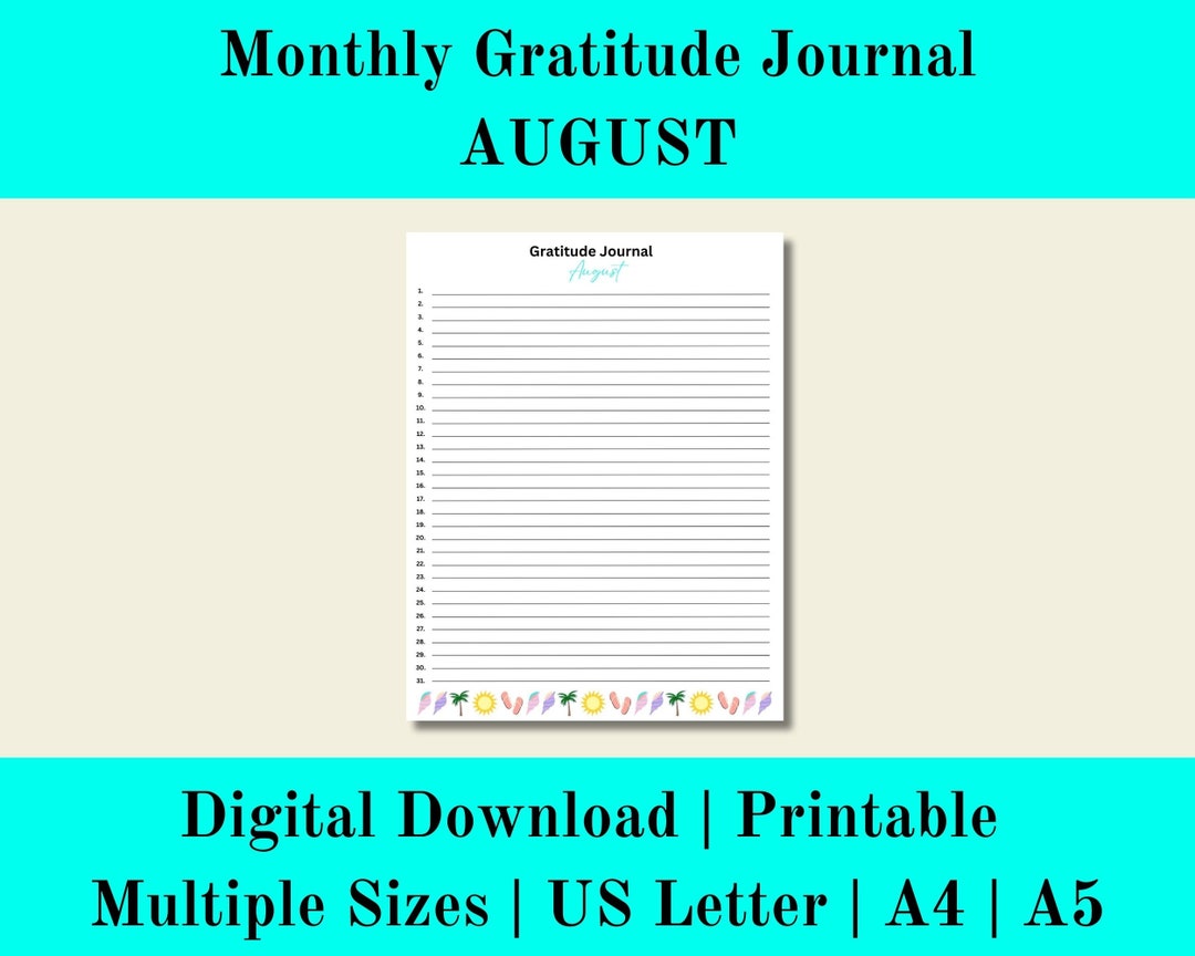 Monthly Gratitude Journal Printable, Daily Gratitude, August Gratitude ...
