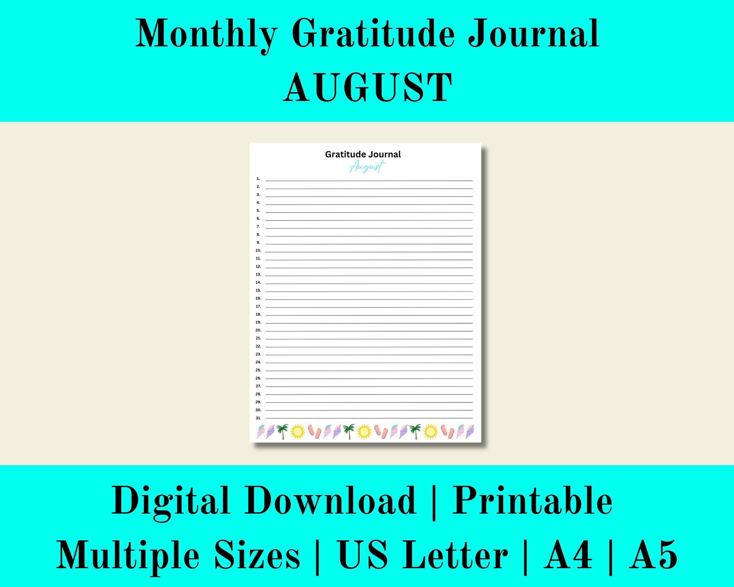 Monthly Gratitude Journal Printable, Daily Gratitude, August Gratitude ...