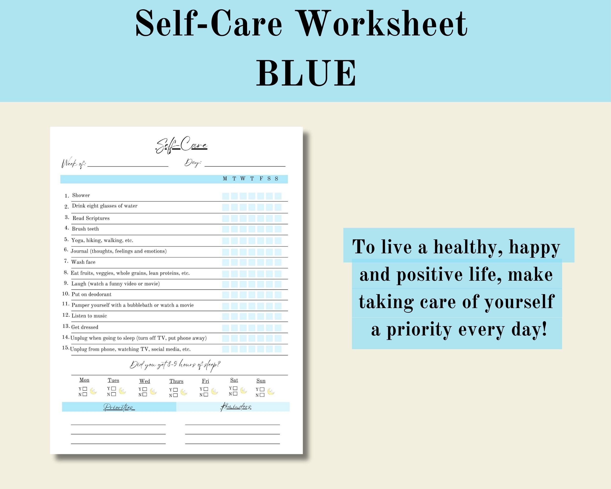 Blue Self Care Weekly Worksheet Printable, Daily Self Care Journal ...