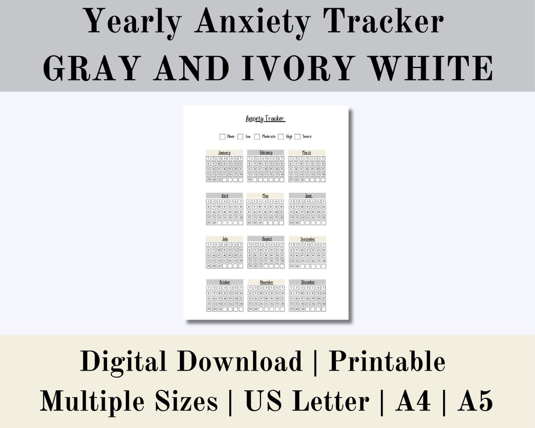 Yearly Anxiety Tracker Gray Ivory White Printable, Anxiety Worksheet ...