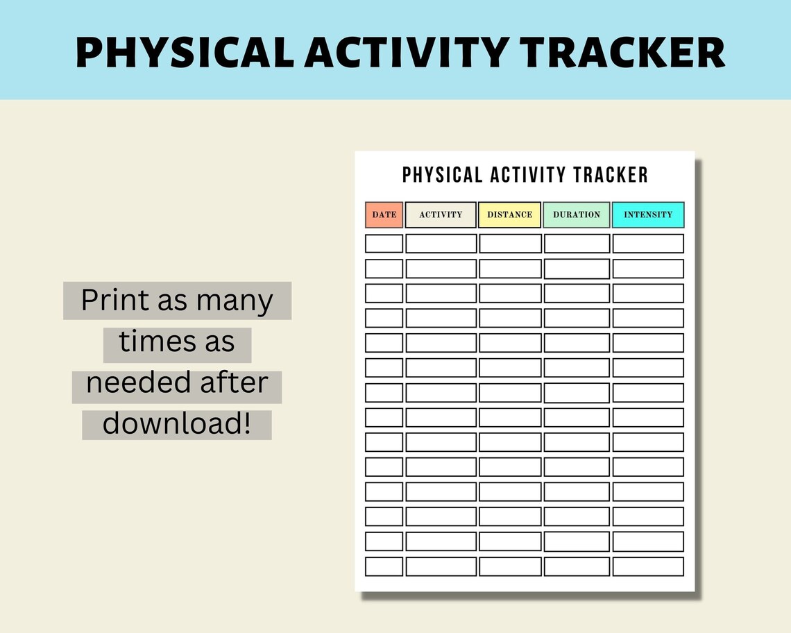 Physical Activity Tracker Printable, Physical Activity Log, Exercise ...