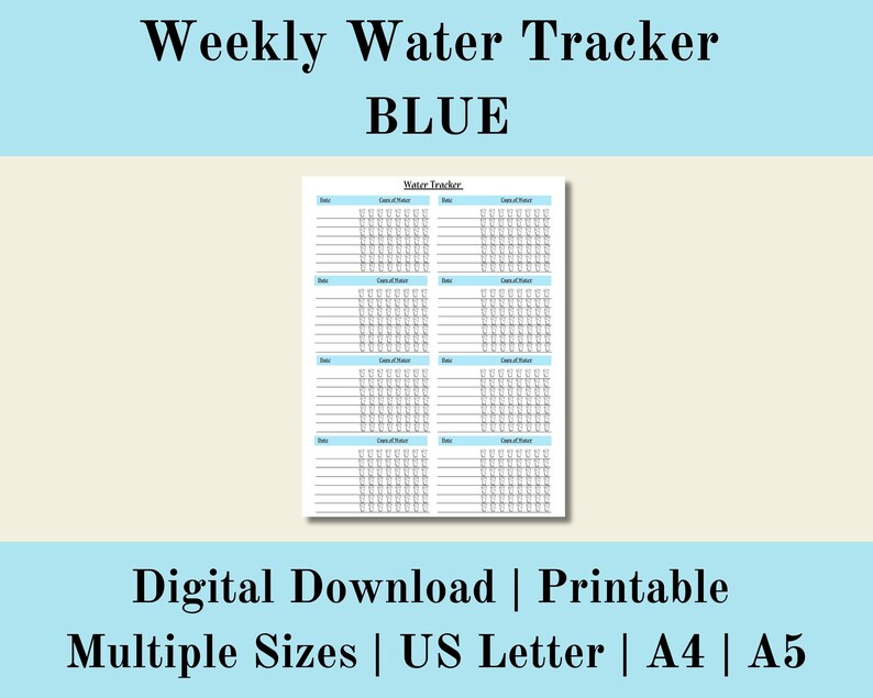 Blue Water Tracker Printable, Hydration Tracker, Habit Tracker, Water ...
