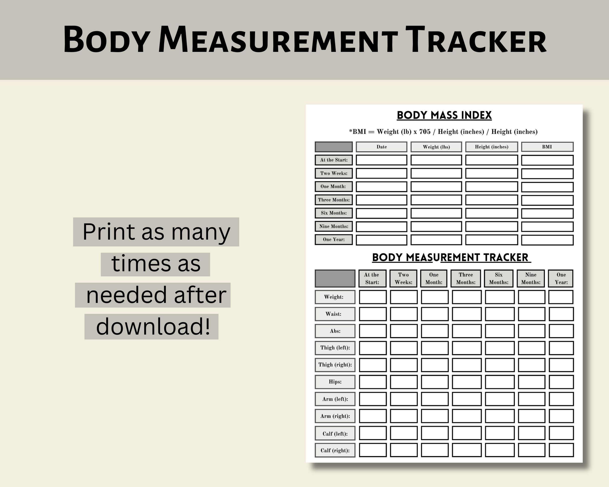 Body Measurement Tracker Printable, BMI Tracker, Body Image Progression ...