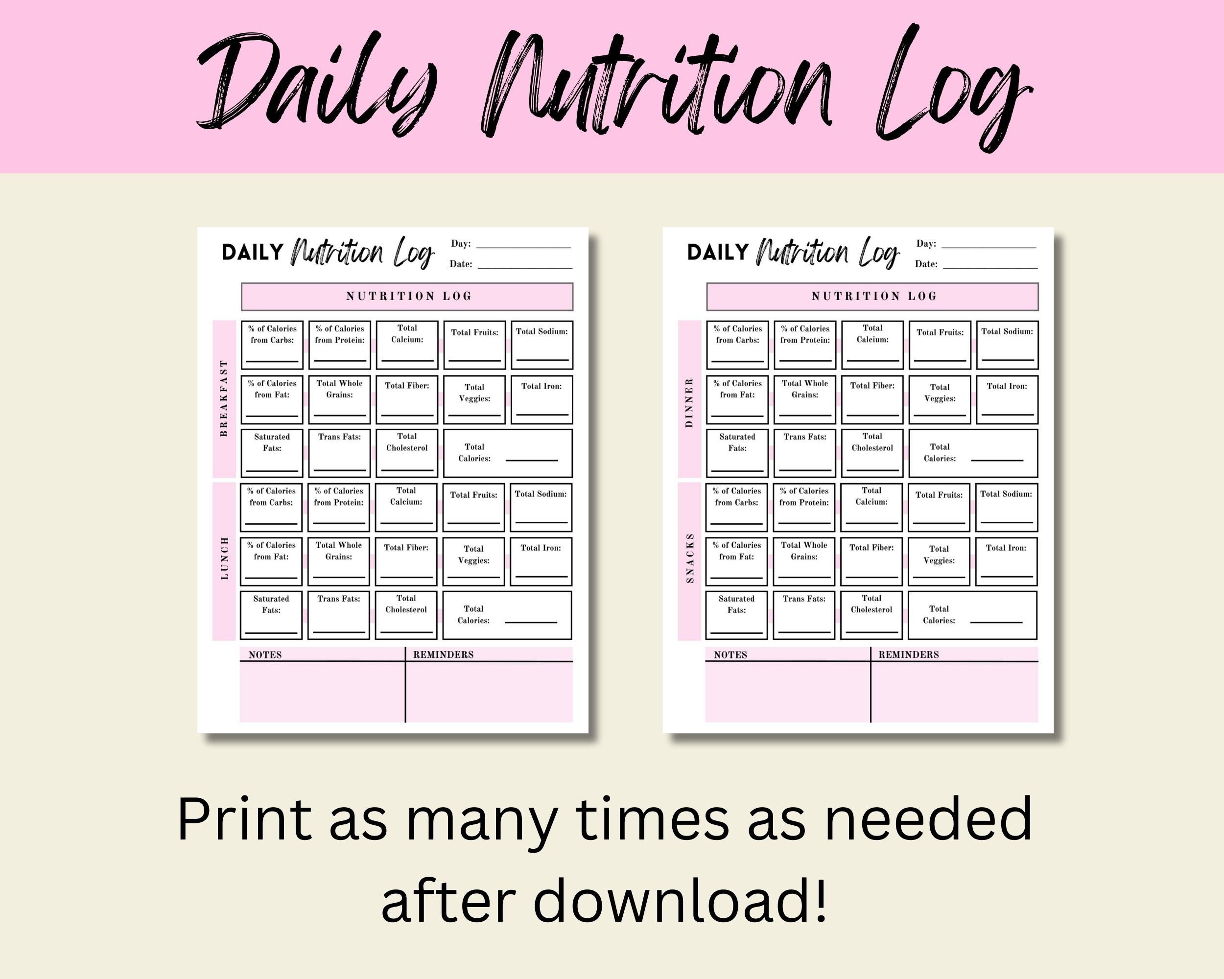 Daily Nutrition Log, Printable Nutrition Log, Food Journal, Meal ...